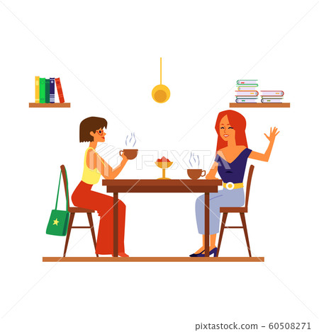Two girl friends drinking tea or coffee beside... - Stock Illustration ...