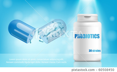 Probiotics bacteria pills and plastic container... - Stock Illustration ...