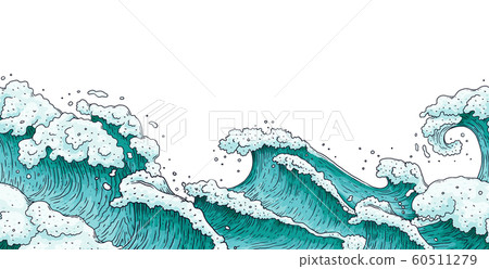 Dramatic hand drawn stormy sea waves - flat... - Stock Illustration ...