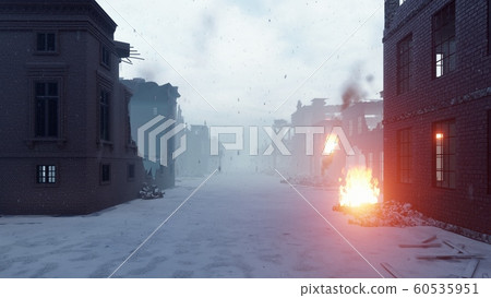 Apocalypse city in the snow. The camera flies... - Stock Illustration ...