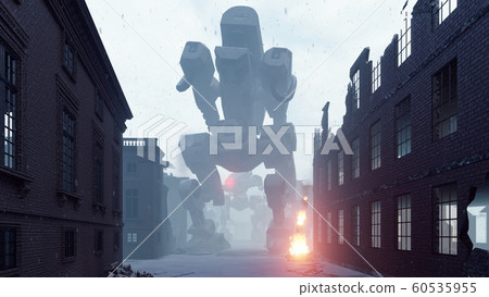 Huge military robots are shelling the destroyed...-插圖素材 [60535955] - PIXTA圖庫