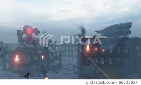 Huge military robots are shelling the destroyed... - Stock Illustration [60535957] - PIXTA