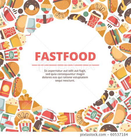 Fast food circle background. Burger meal cold drinks ice cream pizza ...