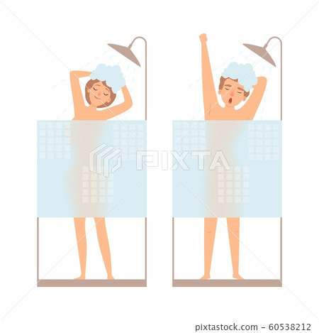 Man and woman take a shower. Hygiene vector... - Stock Illustration ...