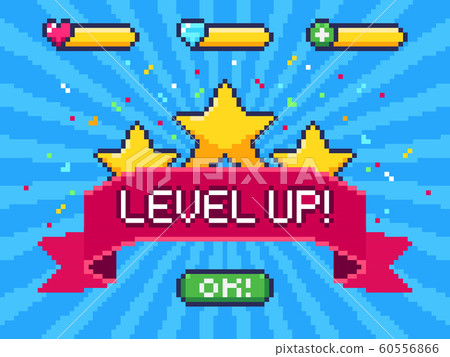 Level Up screen. Pixel video game achievement,... - Stock Illustration ...