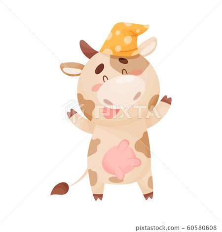 Cartoon Sleepy Cow Wearing Night Cap Standing... - Stock Illustration ...