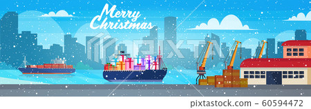 container cargo ship with gift present boxes... - Stock Illustration ...