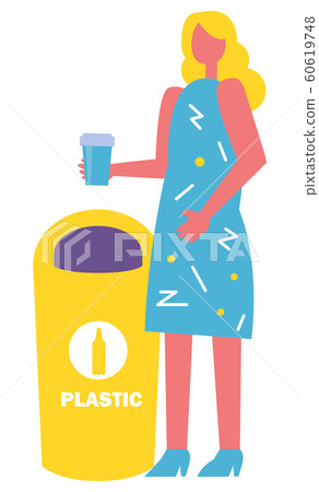 Woman Throwing Plastic Cup into Container Bin - Stock Illustration ...