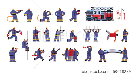 set brave firemen in different poses... - Stock Illustration [60668289 ...