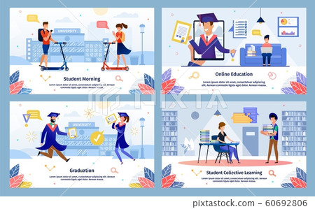 Student Education Life Scenes Flat Vector Banners - Stock Illustration ...