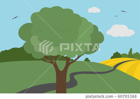 Cartoon colorful view of meadows and field around - Stock Illustration ...