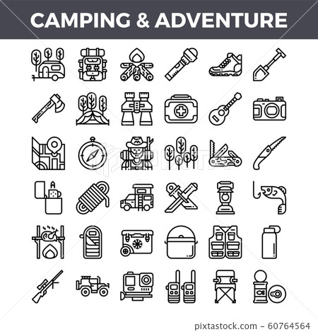 Camping and outdoor adventure outline icons - Stock Illustration ...
