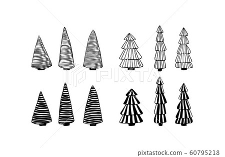 Fir tree line drawing set. Hand drawn Christmas... - Stock Illustration ...