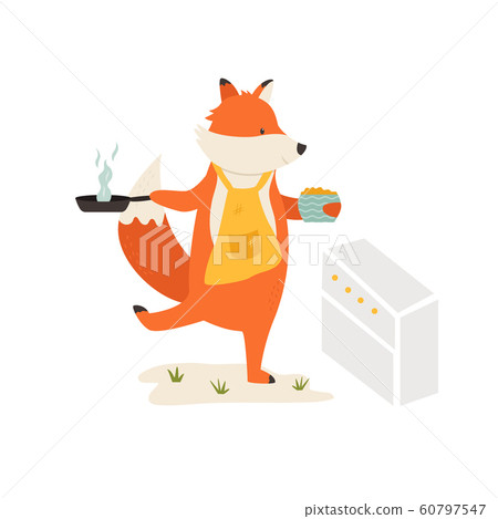 A Cute fox cooking breakfast. Vector illustration. - Stock Illustration ...