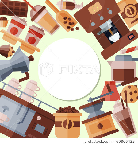 Big set of coffee equipment. Round banner with... - Stock Illustration ...