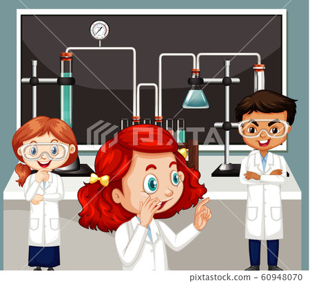Classroom scene with three science students doing - Stock Illustration ...