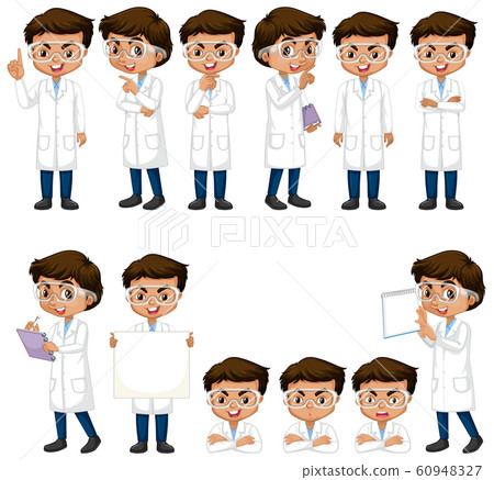 Boy in science gown doing different poses - Stock Illustration ...