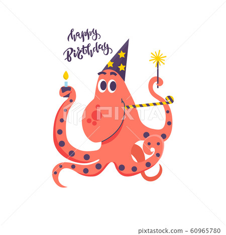 Happy birthday card for kids and cute Octopus with - Stock Illustration ...