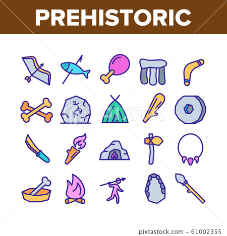 Prehistoric Primitive Collection Icons Set Vector - Stock Illustration ...