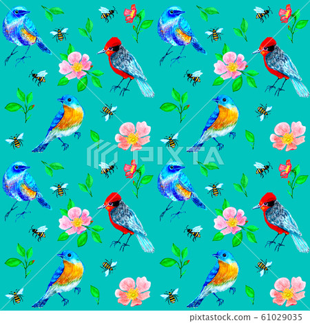 Spring pattern with birds, bees and rose flowers - Stock Illustration ...