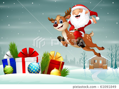 Happy santa claus deliver gifts with a deer - Stock Illustration ...