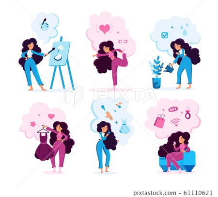 Modern Woman Life Routines Scenes Flat Vector Set - Stock Illustration ...