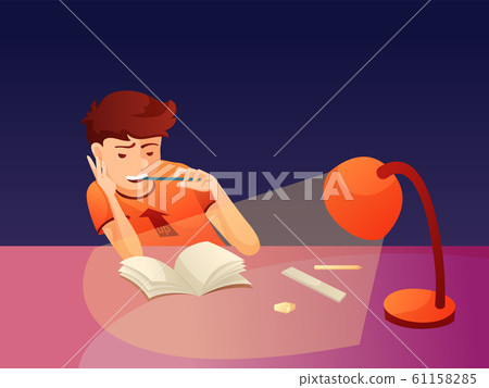 School boy doing homework flat vector illustration - Stock Illustration ...