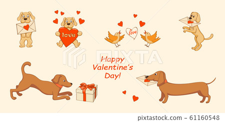 set valentine dogs with birds and hearts - Stock Illustration [61160548 ...