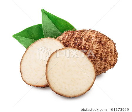 fresh taro root with slices and leaf isolated... - Stock Photo ...
