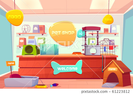 Pet shop interior, domestic animal store with desk - Stock Illustration ...