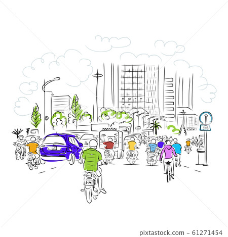 Sketch of traffic road in asian city with... - Stock Illustration ...