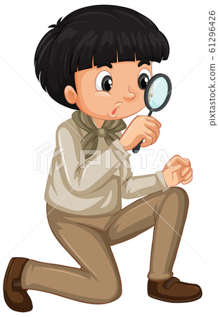 Boy in scout uniform with magnifying glass on - Stock Illustration ...