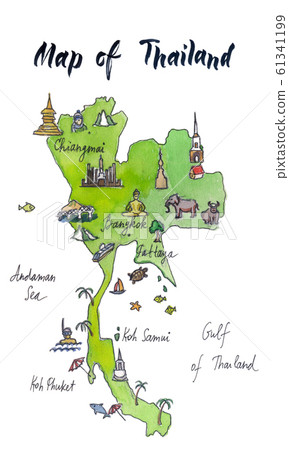 Cartoon map of attractions of Thailand, hand... - Stock Illustration ...