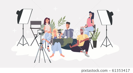 bloggers group recording video blog with... - Stock Illustration ...