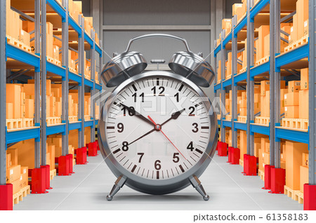 Fast delivery concept. Alarm clock in warehouse. - Stock Illustration ...