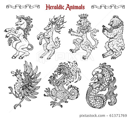 Design set with collection of heraldic beasts...-插圖素材 [61371769] - PIXTA圖庫