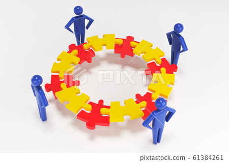 Four human 3d figures are holding pieces of a... - Stock Illustration ...
