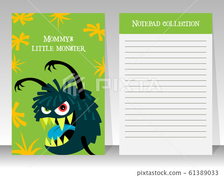 Cute green notebook template with monster - Stock Illustration ...