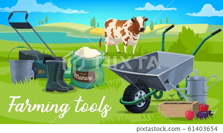 Farm tools, wheelbarrow, cow and veggies - Stock Illustration [61403654 ...