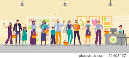 People waiting in store line. Long shop queue,... - Stock Illustration ...