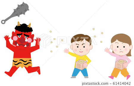 Children throwing beans towards demon on... - Stock Illustration ...
