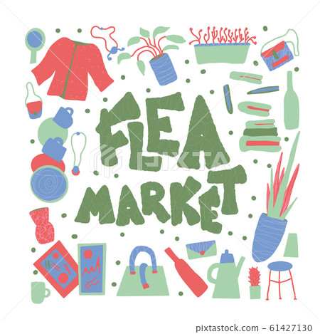 Flea market emblem. Text and hand drawn decor. - Stock Illustration ...