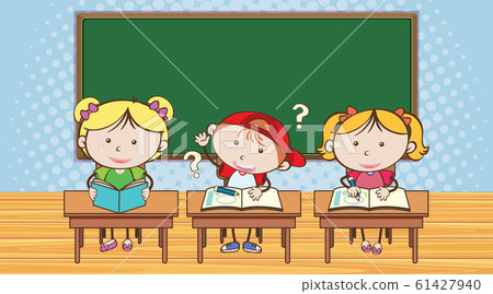 Three students asking questions in classroom - Stock Illustration ...
