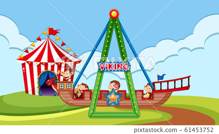 Scene with monkeys riding on viking ship in the - Stock Illustration ...