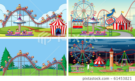 Four scenes with many rides in the fun fair - Stock Illustration ...