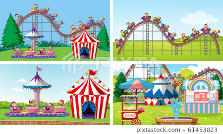 Four scenes with many rides in the fun fair - Stock Illustration ...