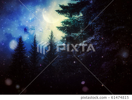 Santa flying over snowy fir trees - Stock Illustration [61474815] - PIXTA