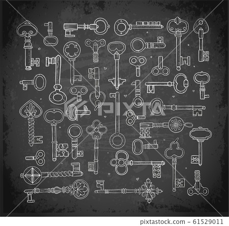 Big collection of doodle vintage keys on... - Stock Illustration ...
