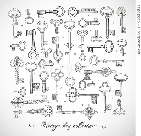 Big collection of doodle vintage keys on white... - Stock Illustration ...