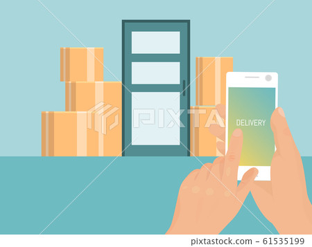 Hand holding smartphone with delivery service... - Stock Illustration ...